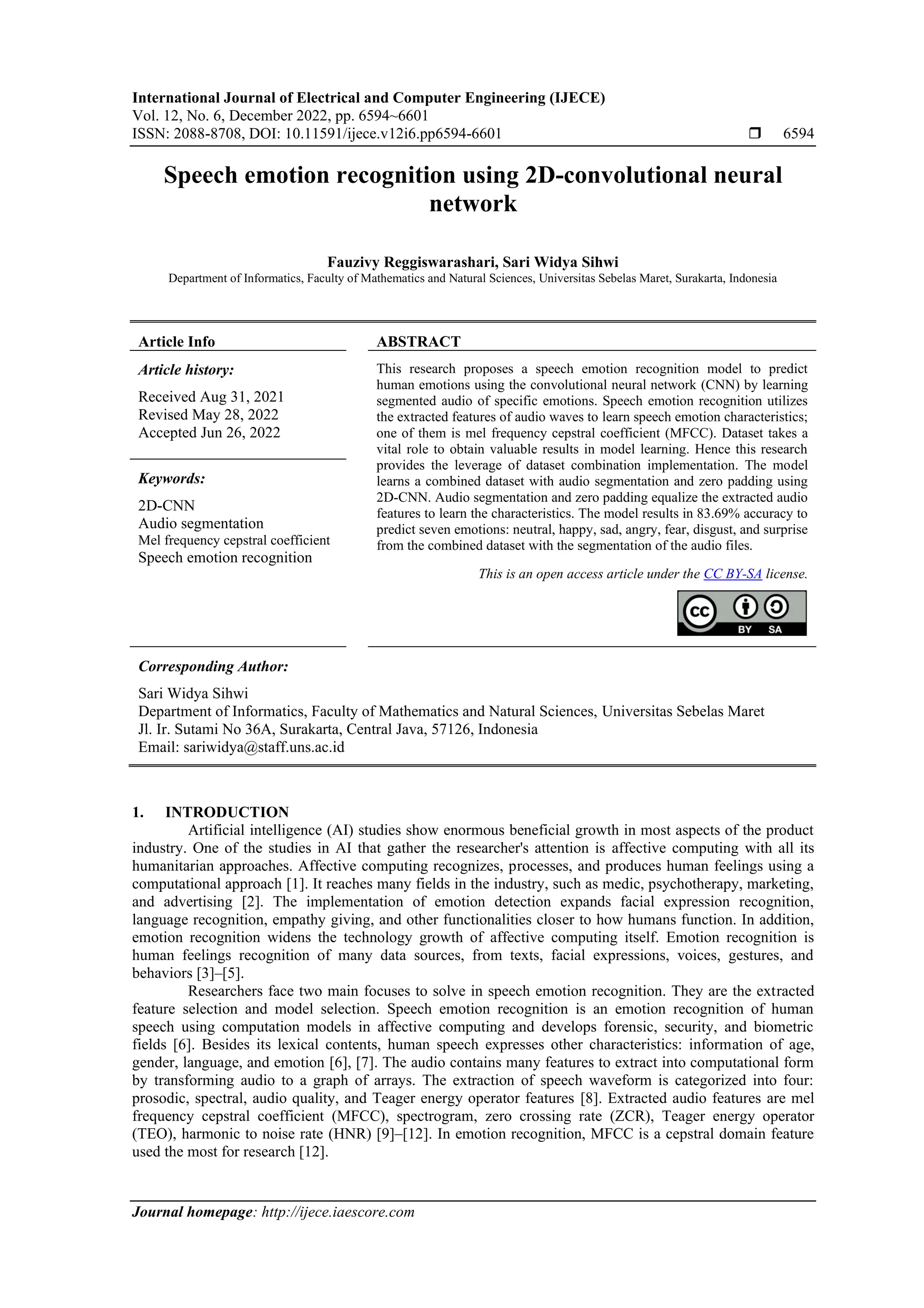 Speech Emotion Recognition Using 2d Convolutional Neural Network Pdf