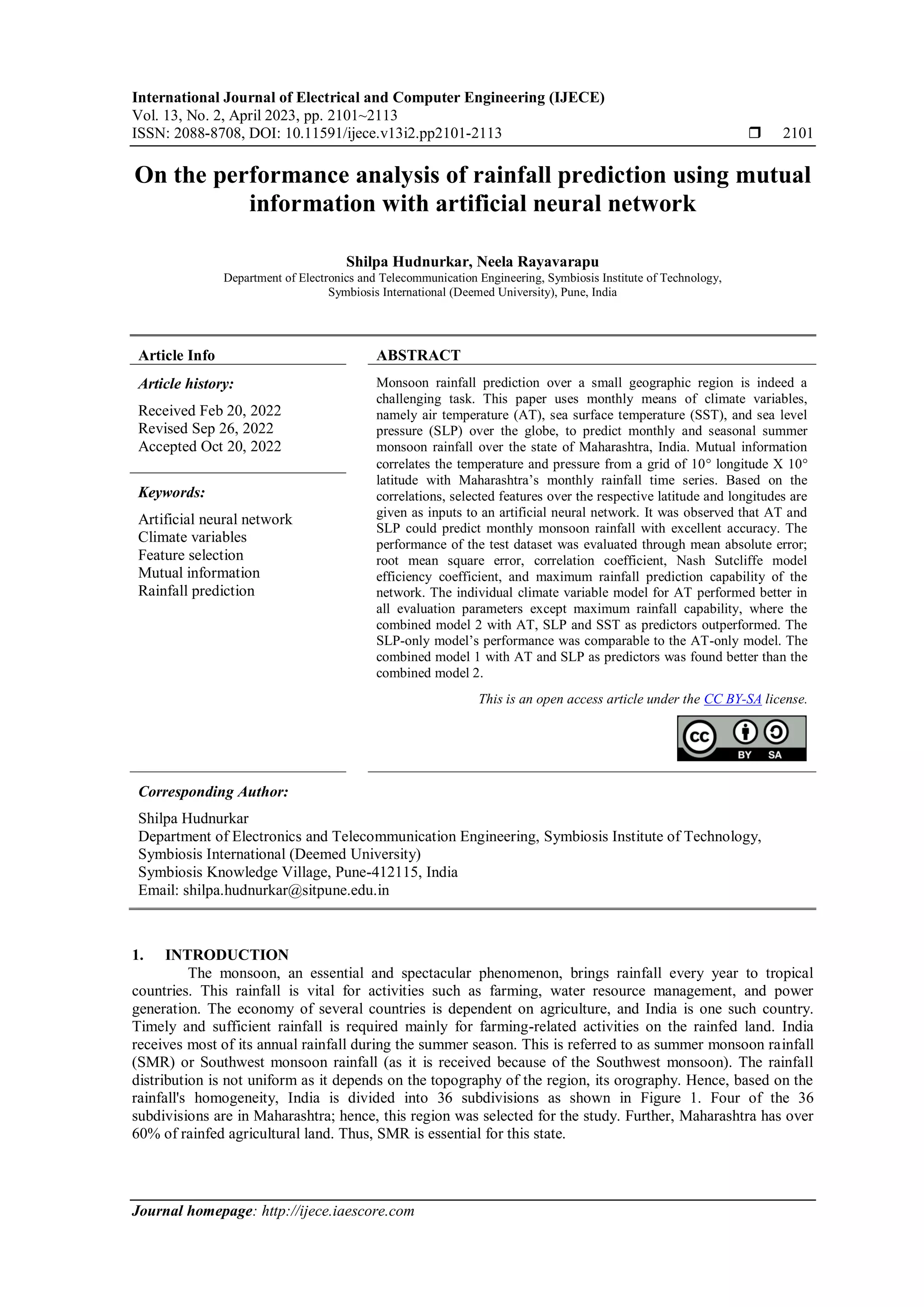 On the performance analysis of rainfall prediction using mutual information with artificial ...