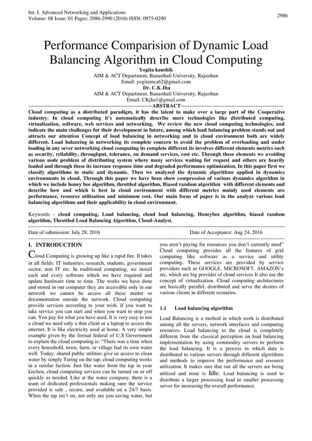 Performance Comparision of Dynamic Load Balancing Algorithm in Cloud Computing | PDF