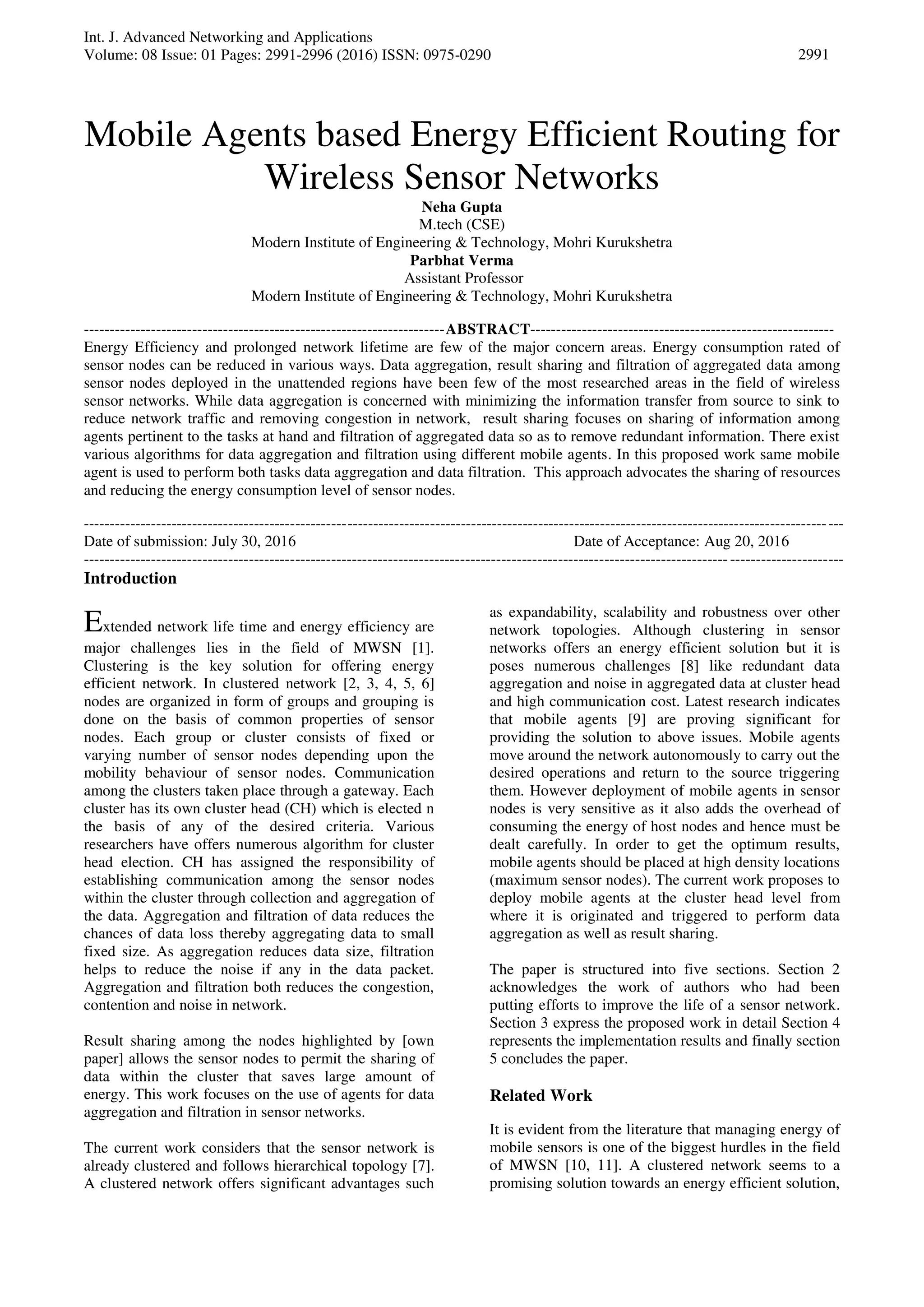 Mobile Agents based Energy Efficient Routing for Wireless Sensor Networks | PDF