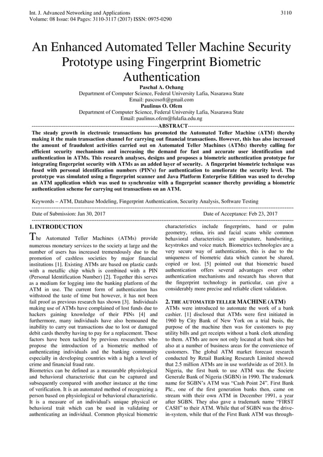 An Enhanced Automated Teller Machine Security Prototype using Fingerprint Biometric ...
