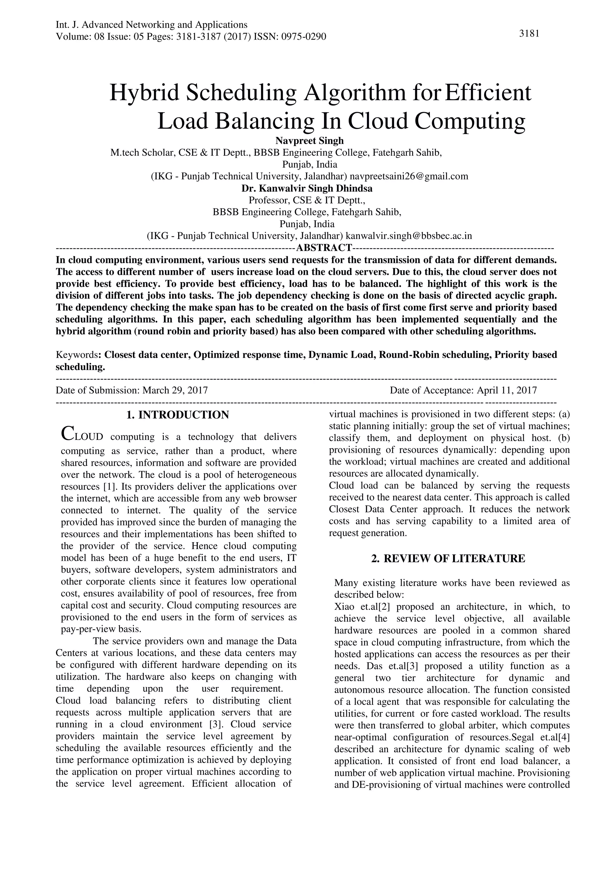 Hybrid Scheduling Algorithm For Efficient Load Balancing In Cloud Computing Pdf