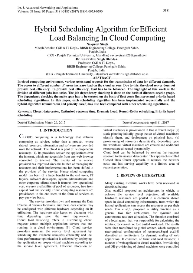 Hybrid Scheduling Algorithm for Efficient Load Balancing In Cloud Computing | PDF