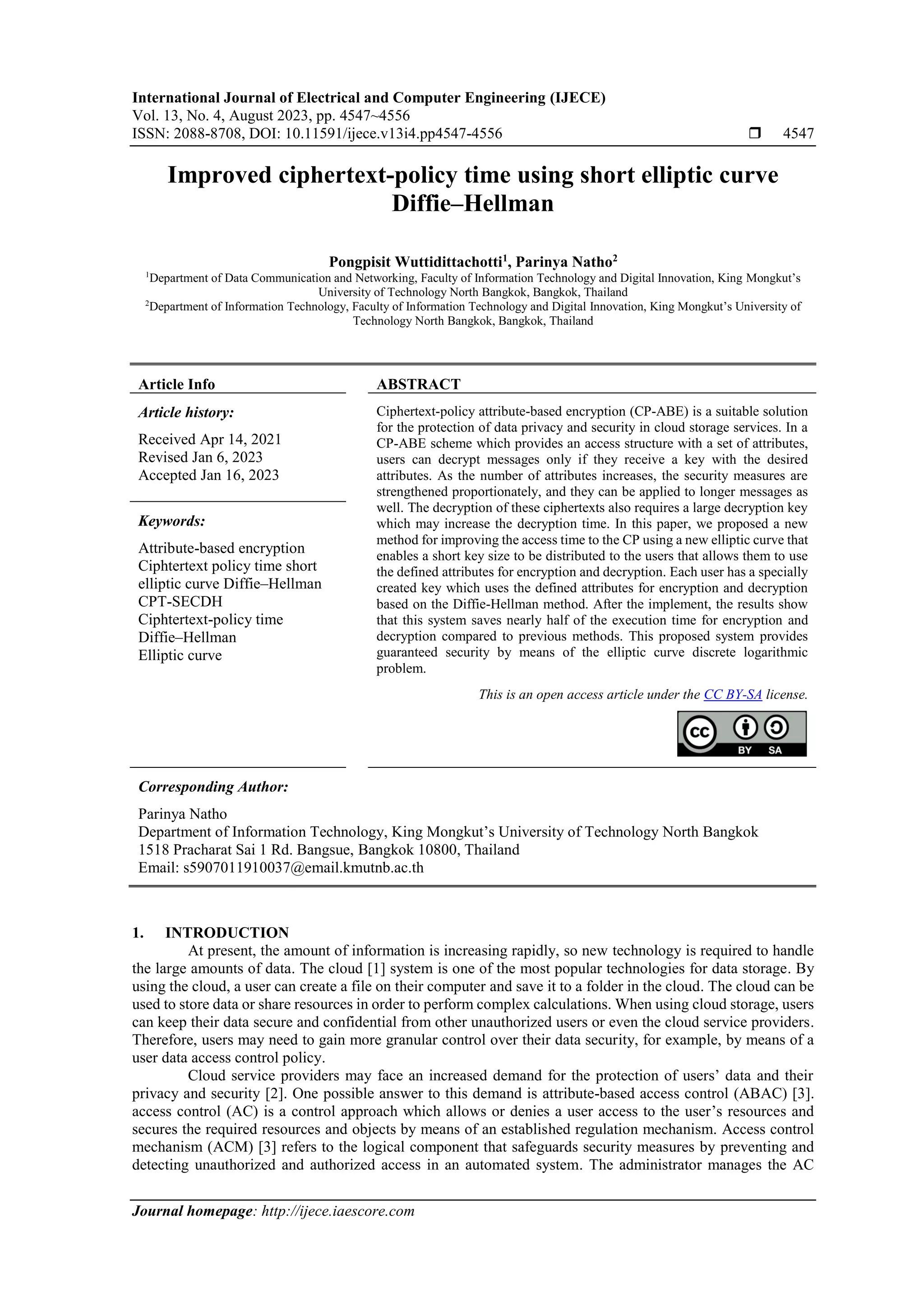 Improved Ciphertext Policy Time Using Short Elliptic Curve Diffiehellman Pdf
