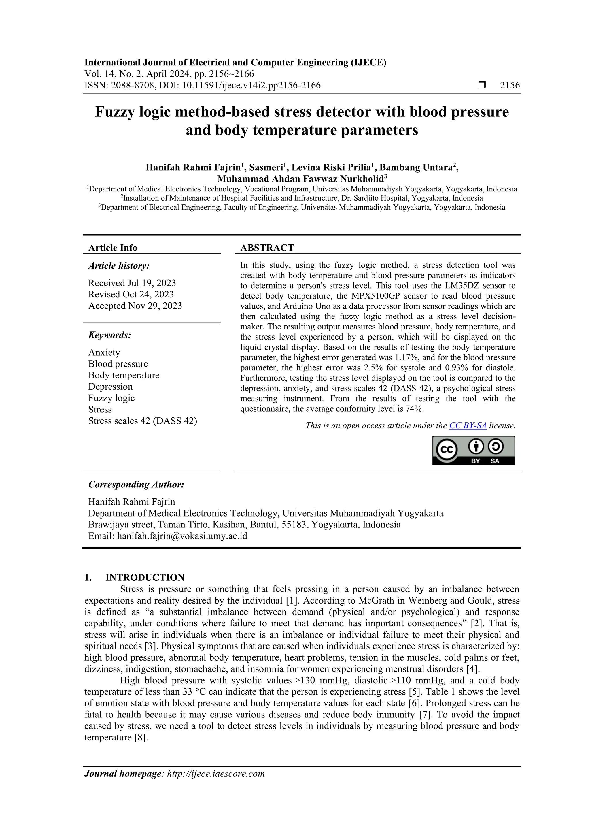 Fuzzy logic method-based stress detector with blood pressure and body temperature parameters | PDF