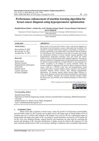 Performance enhancement of machine learning algorithm for breast cancer diagnosis using ...