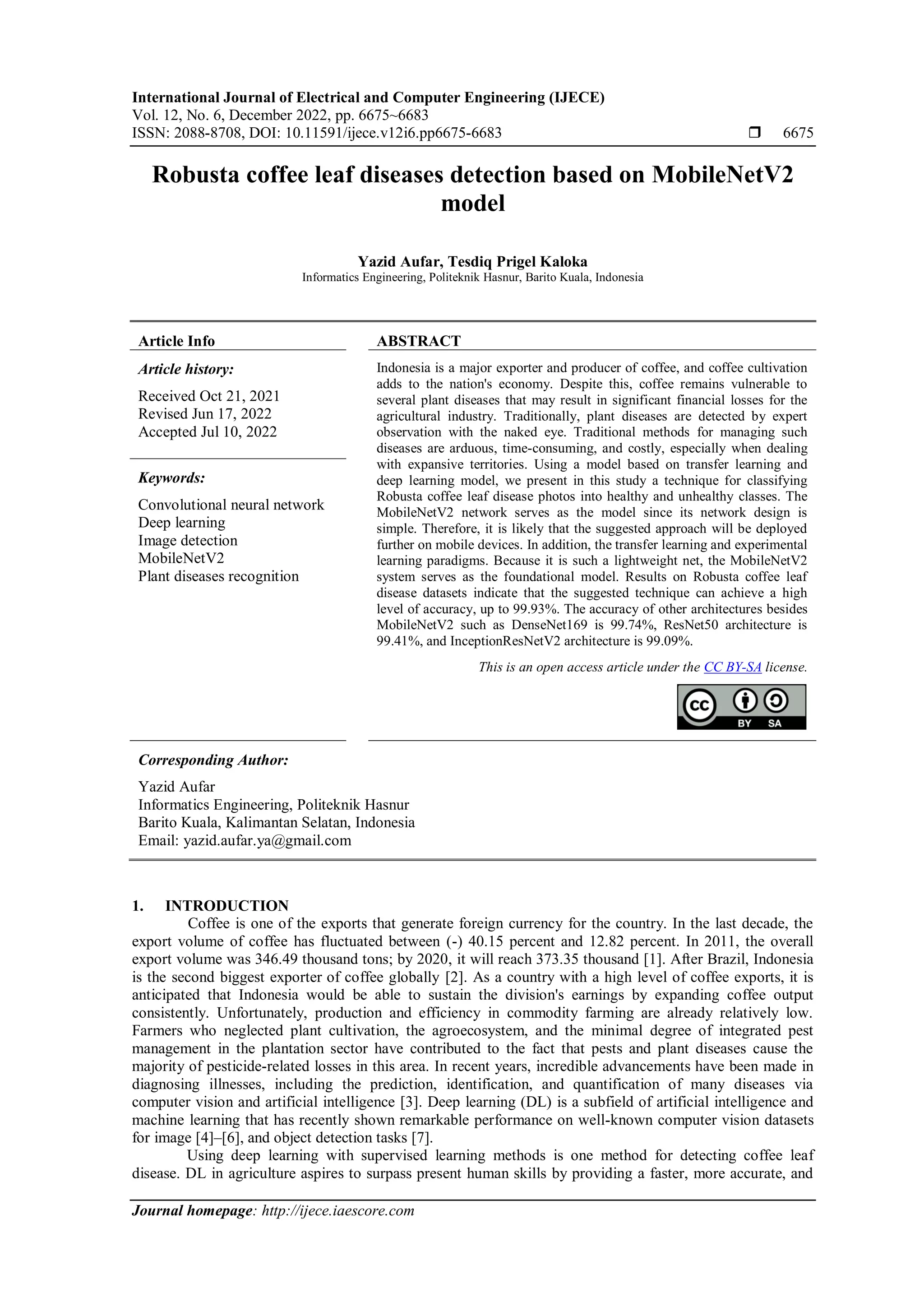 Robusta coffee leaf diseases detection based on MobileNetV2 model | PDF
