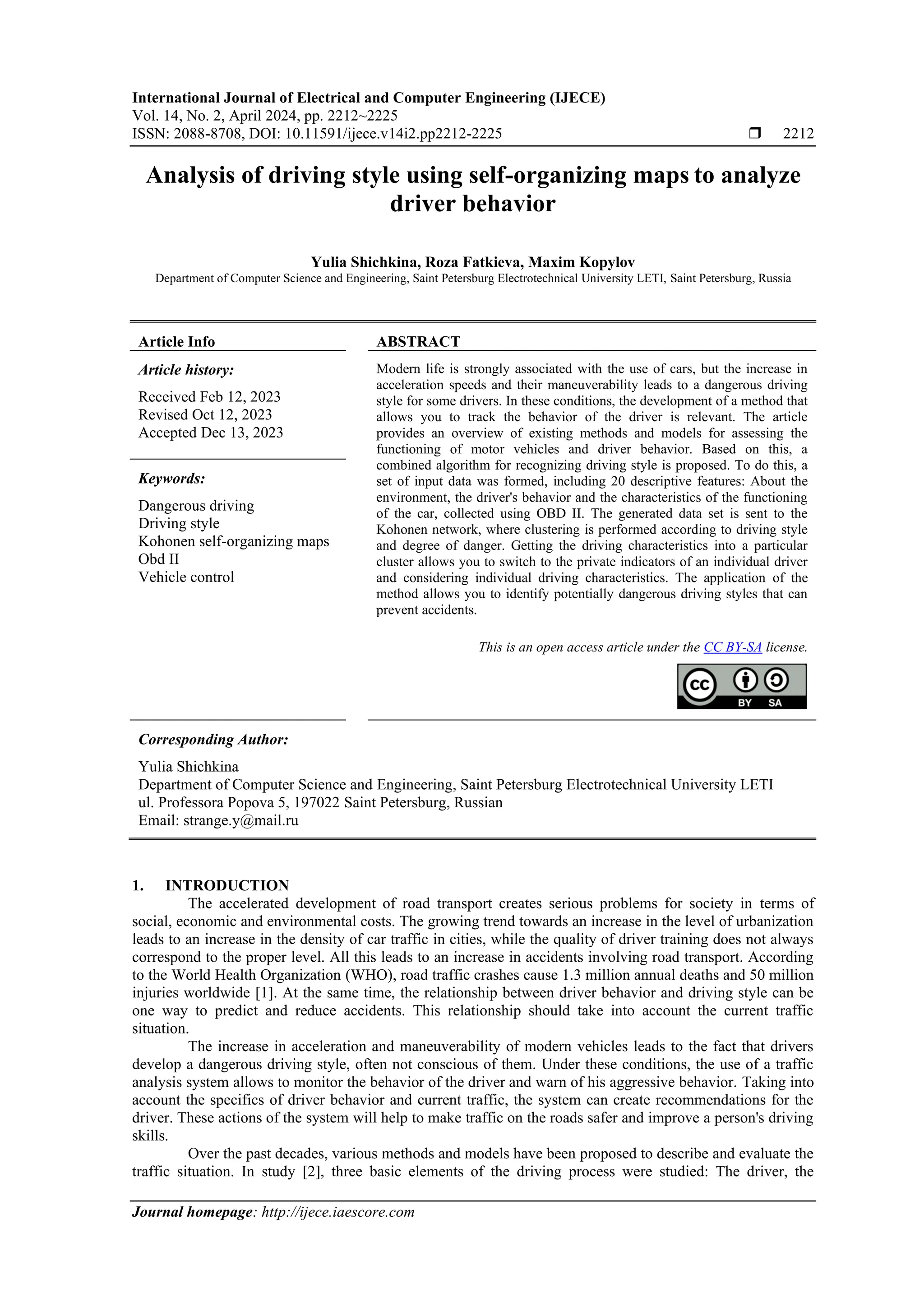 Analysis of driving style using self-organizing maps to analyze driver behavior | PDF