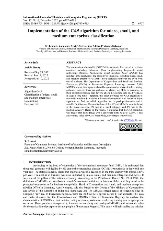 Implementation of the C4.5 algorithm for micro, small, and medium enterprises classification | PDF
