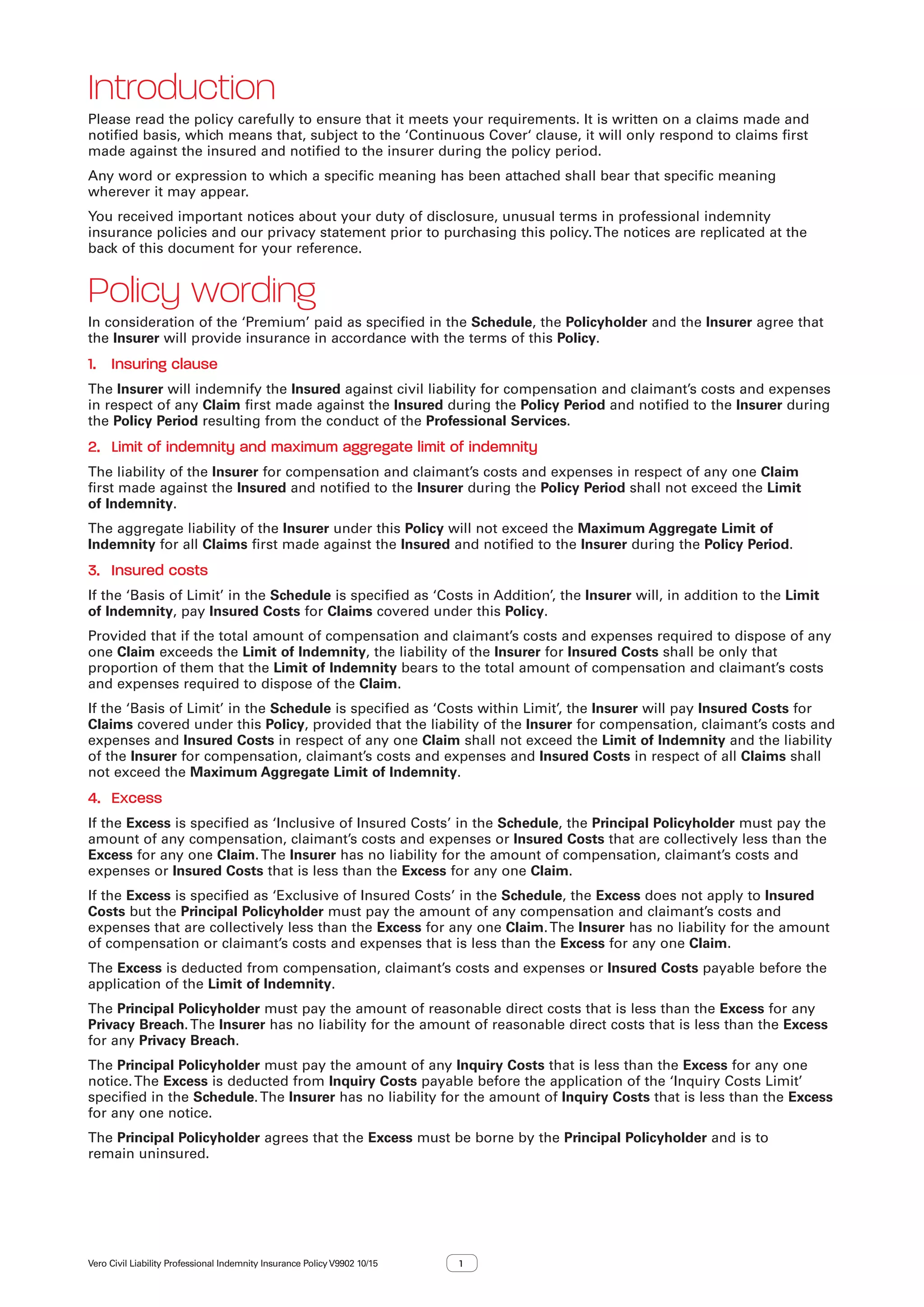 Vero Professional Indemnity Policy Wording | PDF