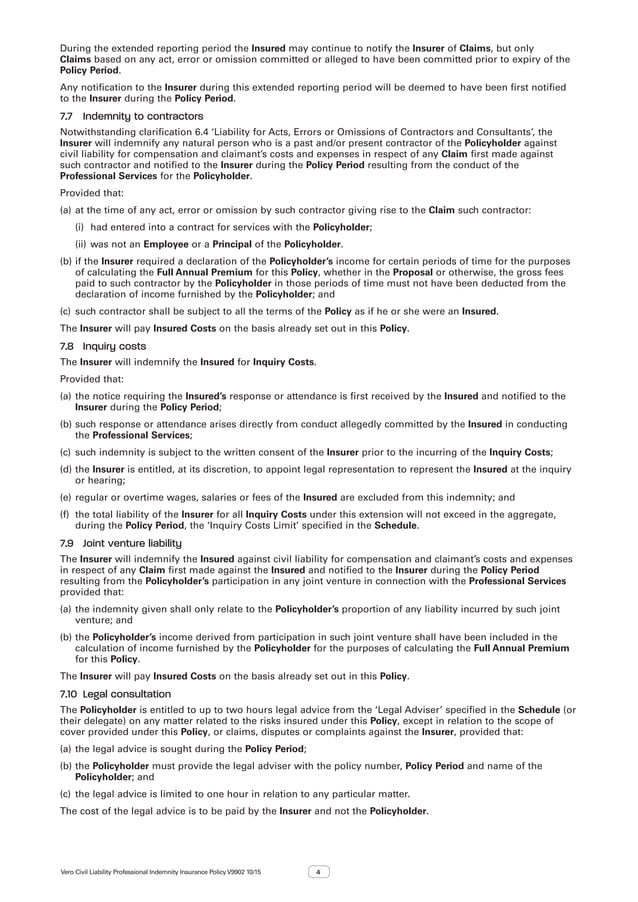 Vero Professional Indemnity Policy Wording | PDF | Motor Insurance ...