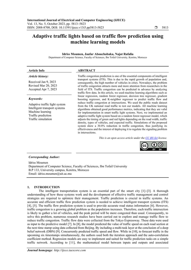 Adaptive traffic lights based on traffic flow prediction using machine learning models | PDF