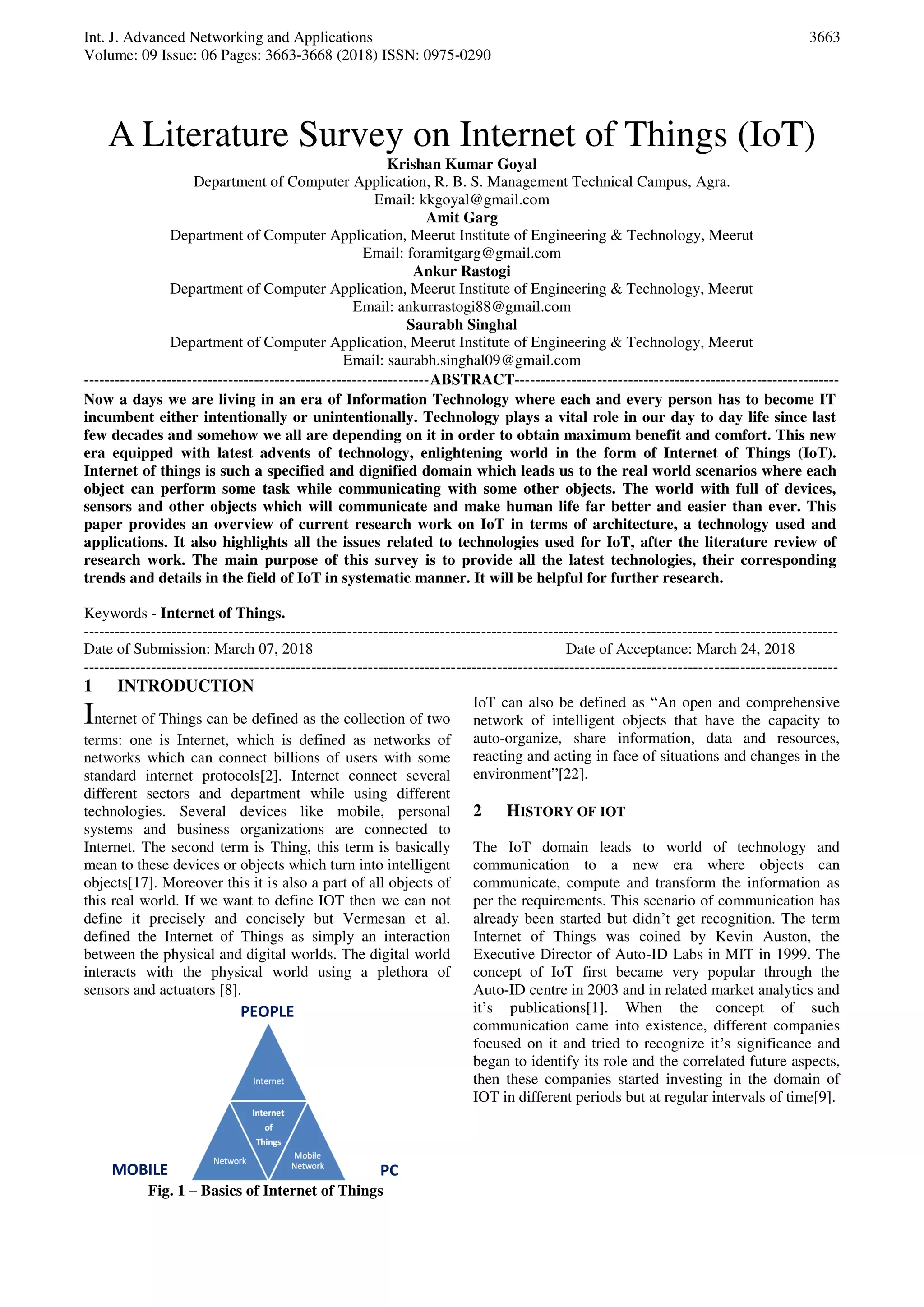 A Literature Survey on Internet of Things (IoT) | PDF