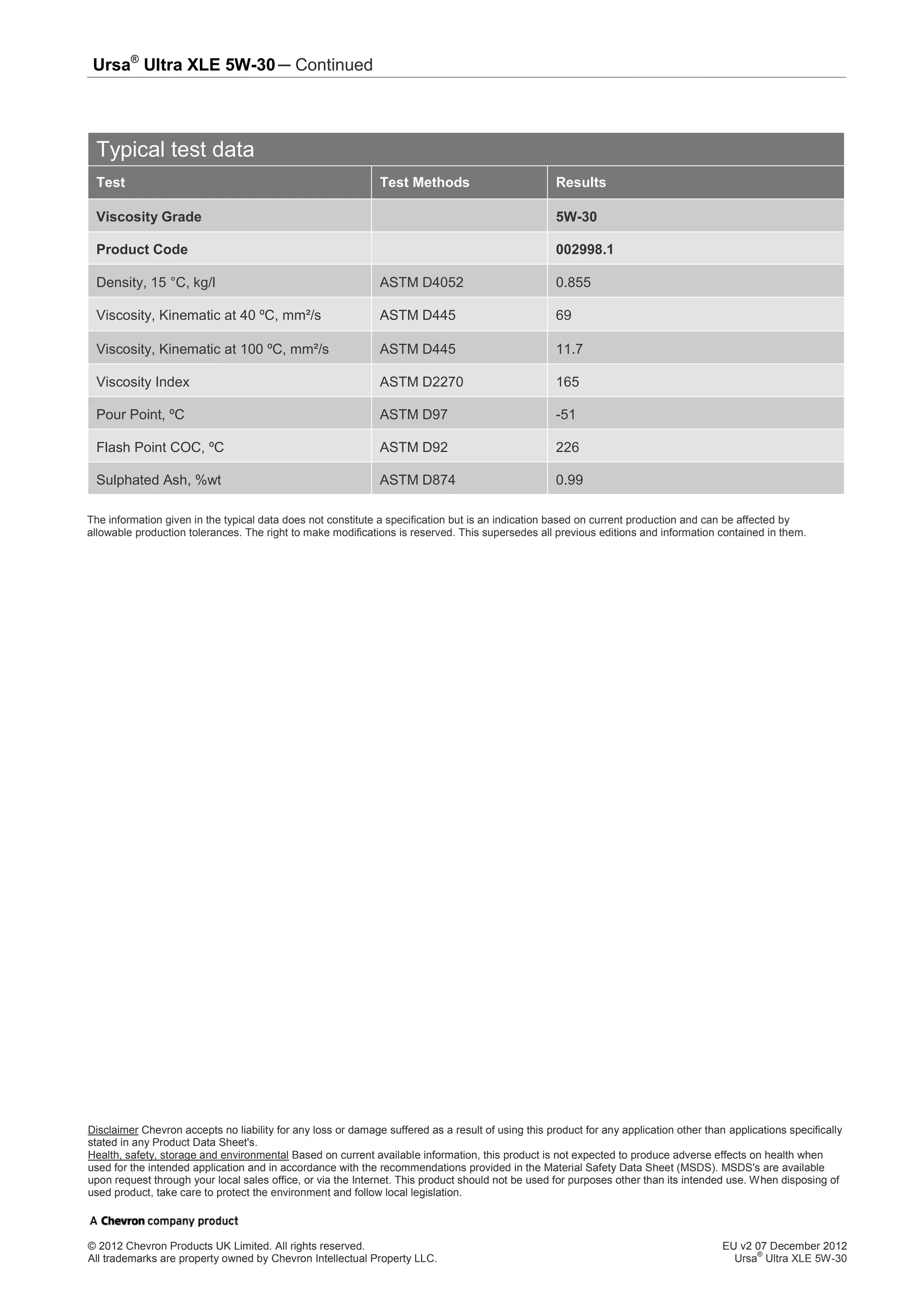 Texaco Ursa Ulta Xle 5W30 | PDF