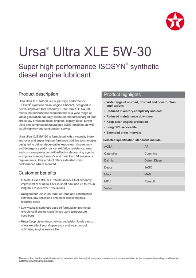 Texaco Ursa Ulta Xle 5W30 | PDF