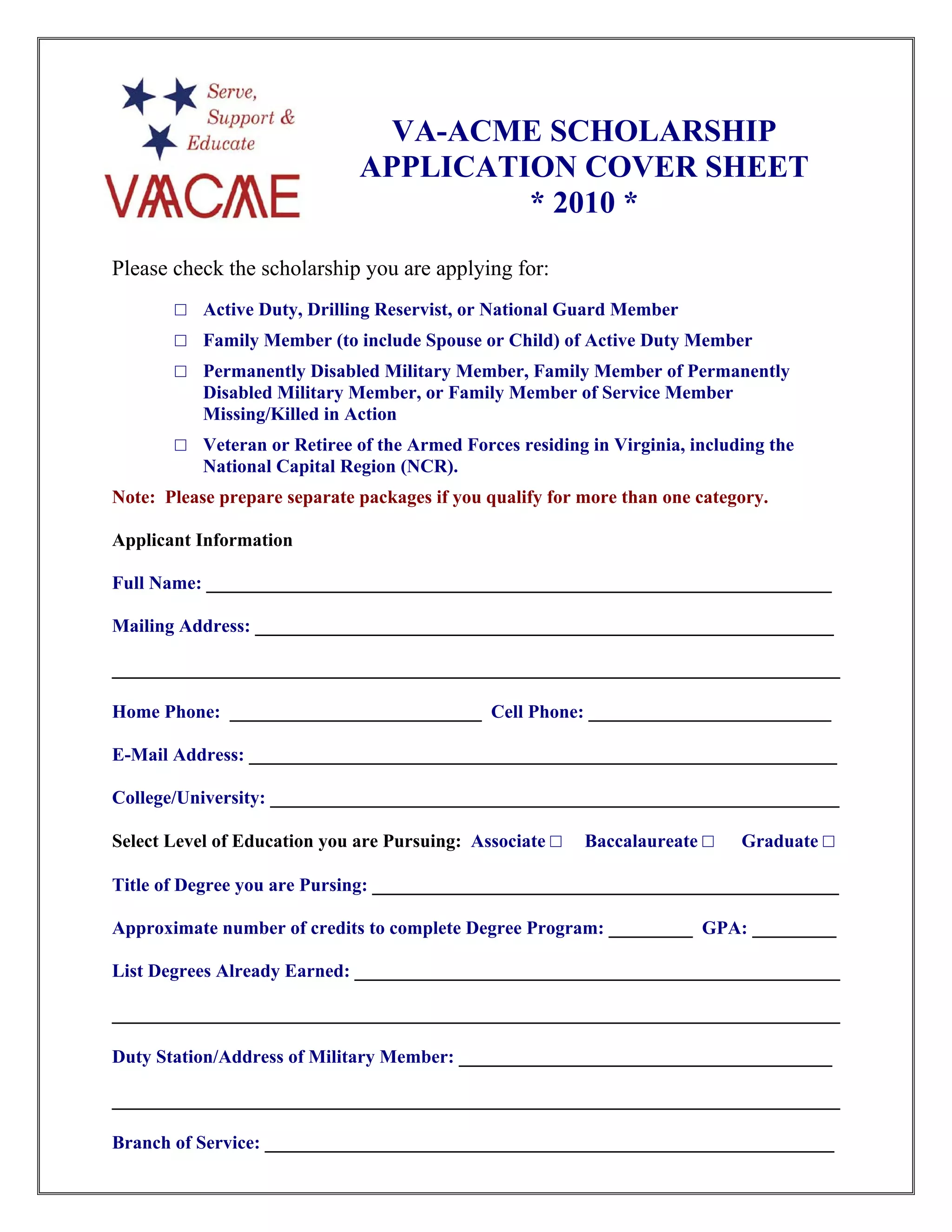 VA-ACME SCHOLARSHIP APPLICATION | PDF