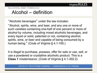 VIRGINIA LAWS ALCOHOL AND TOBACCO FOR STUDENTS | PPTX