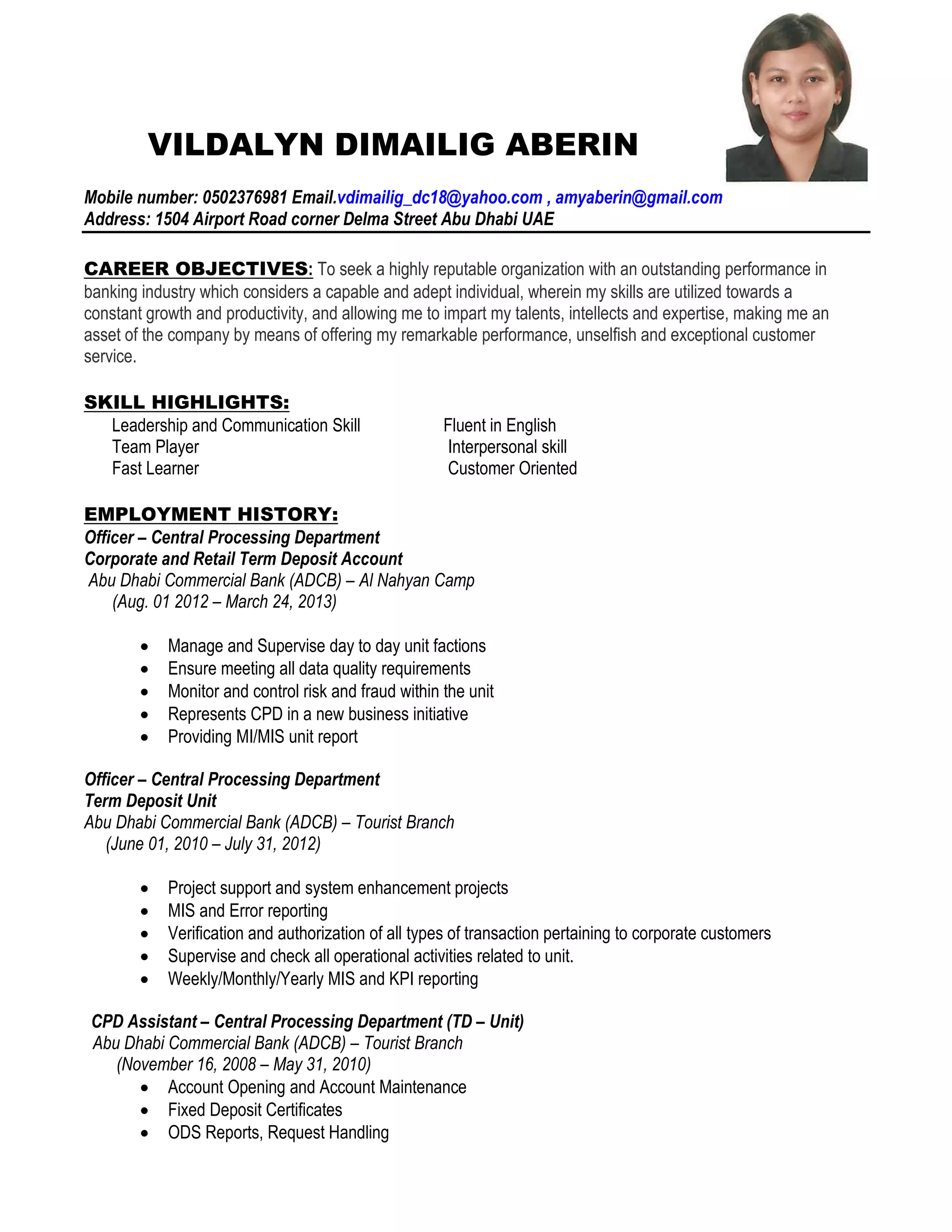 Curriculum Vitae of Vildalyn Aberin | PDF | Business Banking & Finance | Business