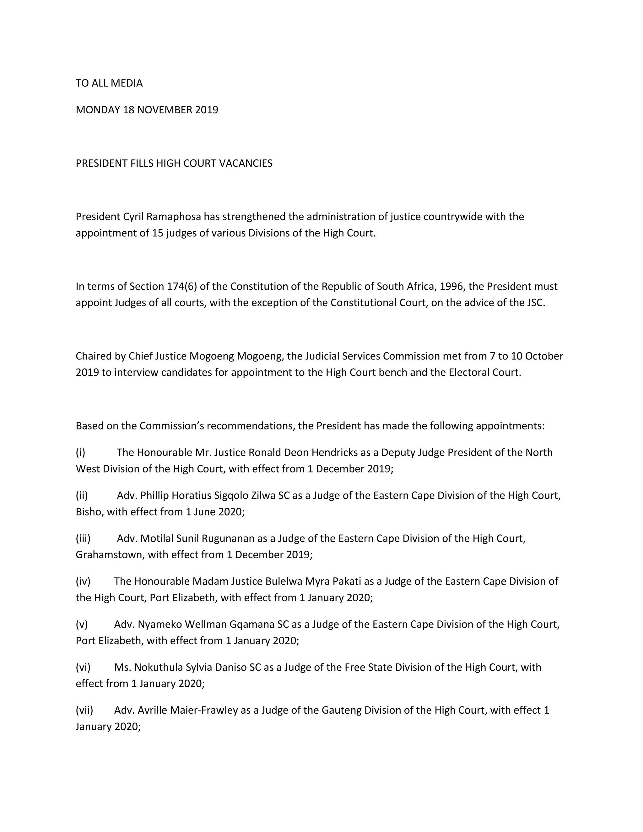 PRESIDENT FILLS HIGH COURT VACANCIES | PDF