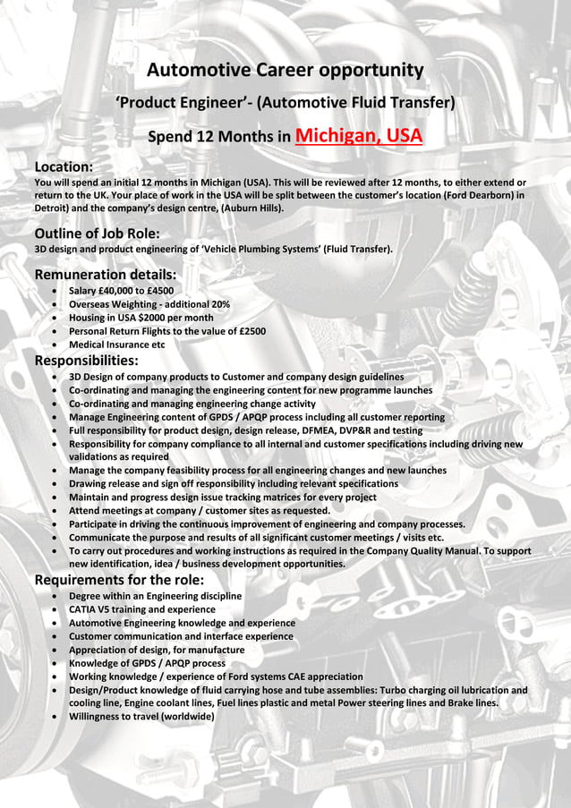 Automotive Product Engineer Vacancy | PDF