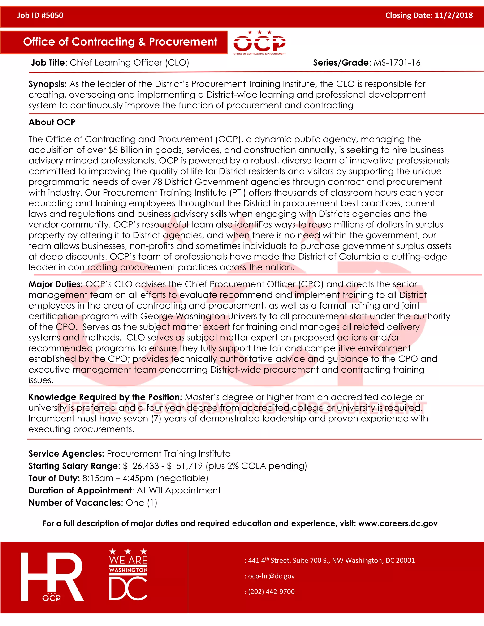 Vacancy Announcement - Chief Learning Officer (Job ID #5050) | PDF
