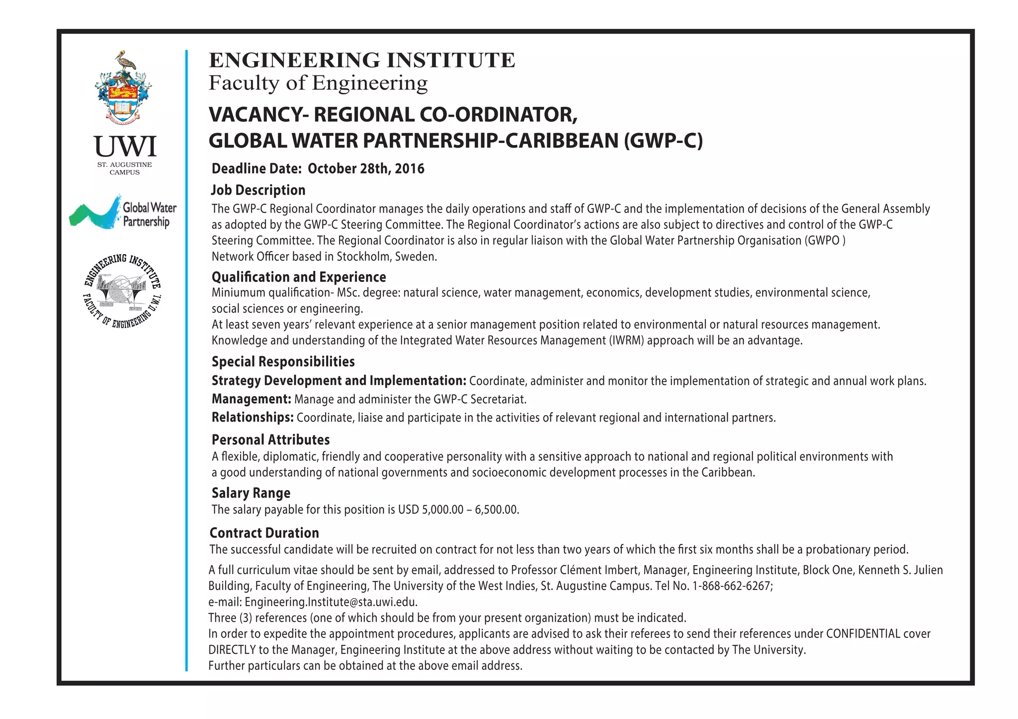 VACANCY: Regional Coordinator of Global Water Partnership-Caribbean (GWP-C) | PDF