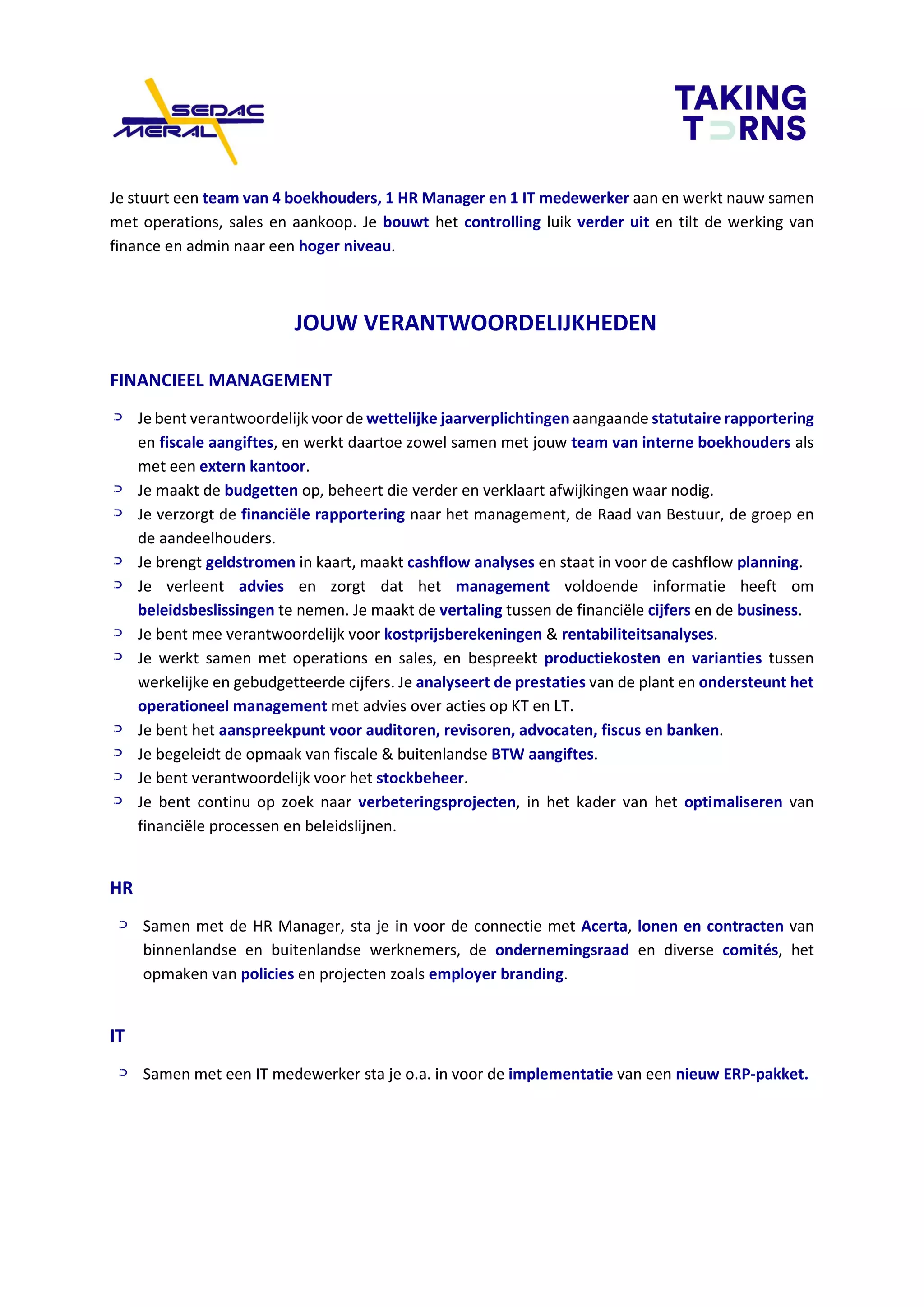 vacature Sedac-Mecobel Finance & Controlling Manager - Taking Turns | PDF