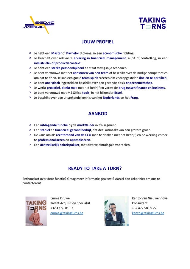 vacature Sedac-Mecobel Finance & Controlling Manager - Taking Turns | PDF | Business Accounting ...