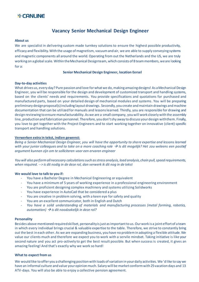 Vacancy Senior mechanical design engineer | PDF