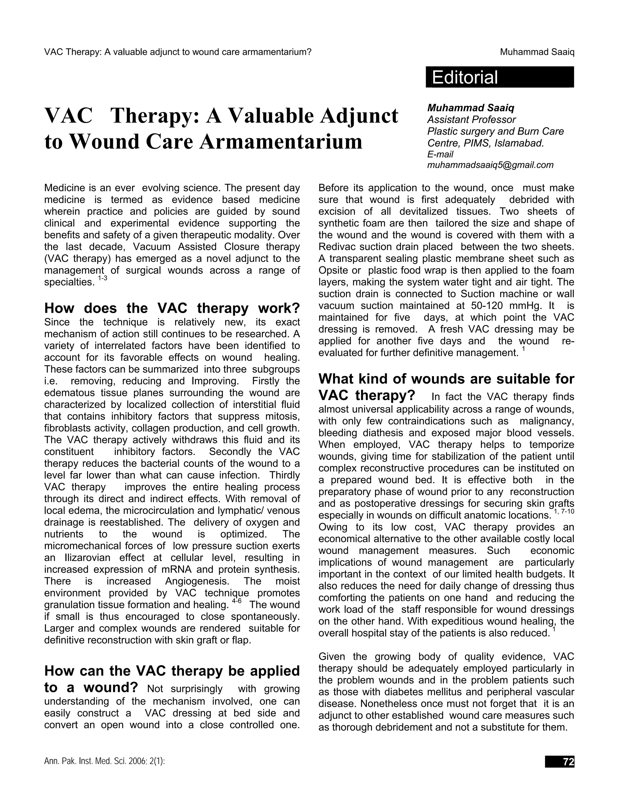 Vac therapy a valuable adjunct to wound care armamentarium | PDF