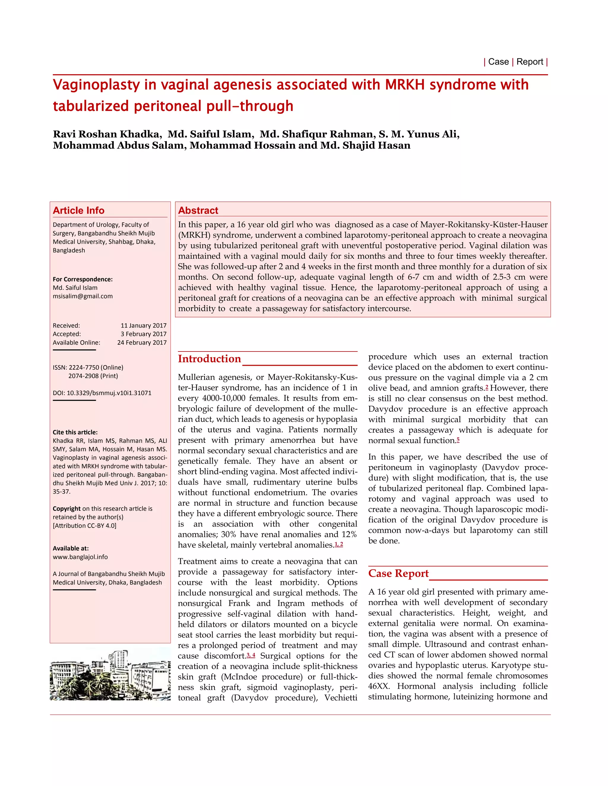 Vaginoplasty..... by peritoneal pull through (davydovs technique) | PDF