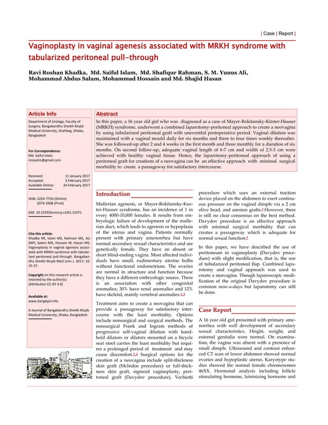 Vaginoplasty..... by peritoneal pull through (davydovs technique) | PDF