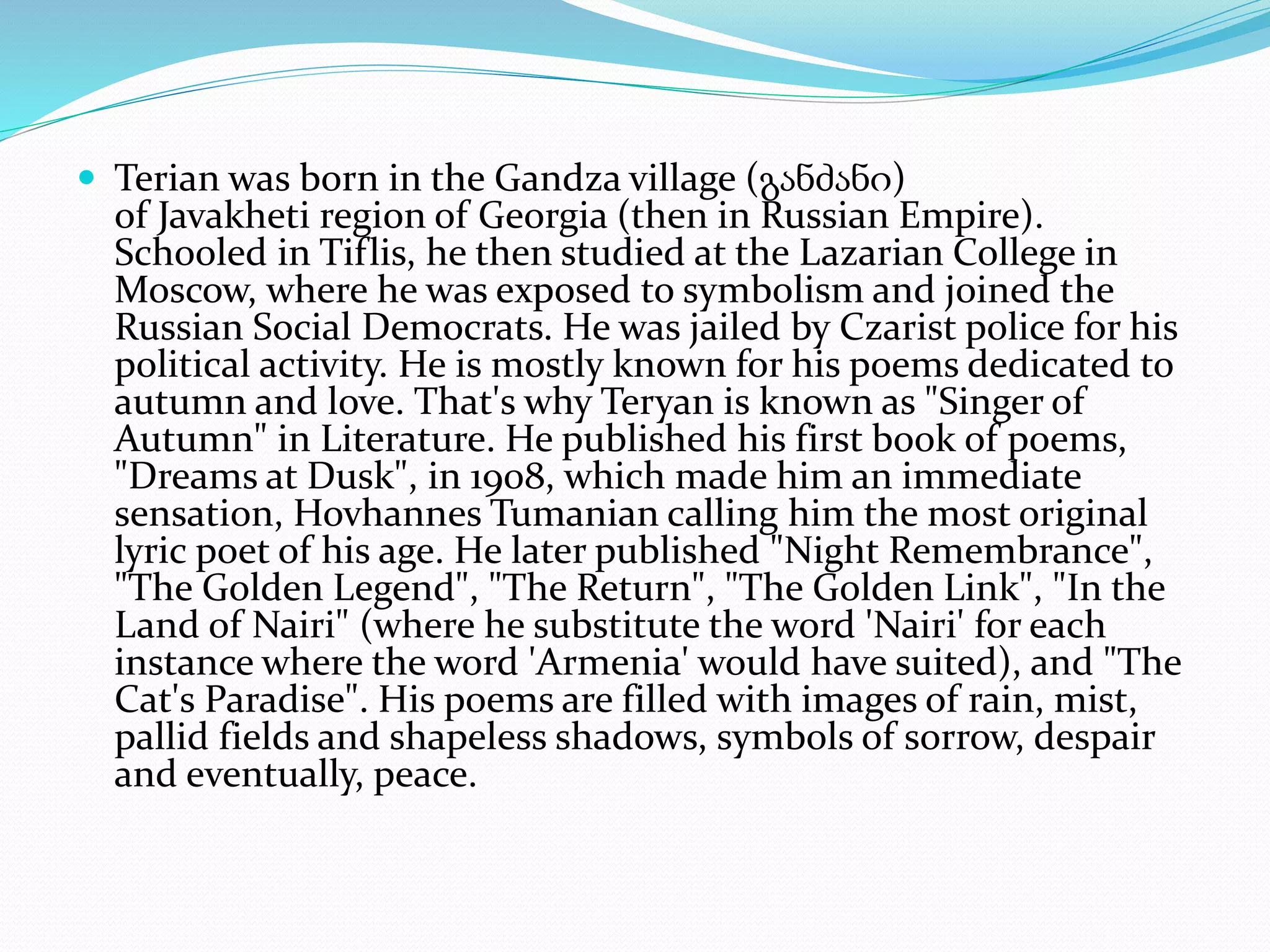 Vahan teryan biography | PPTX | Poetry | Books and Literature