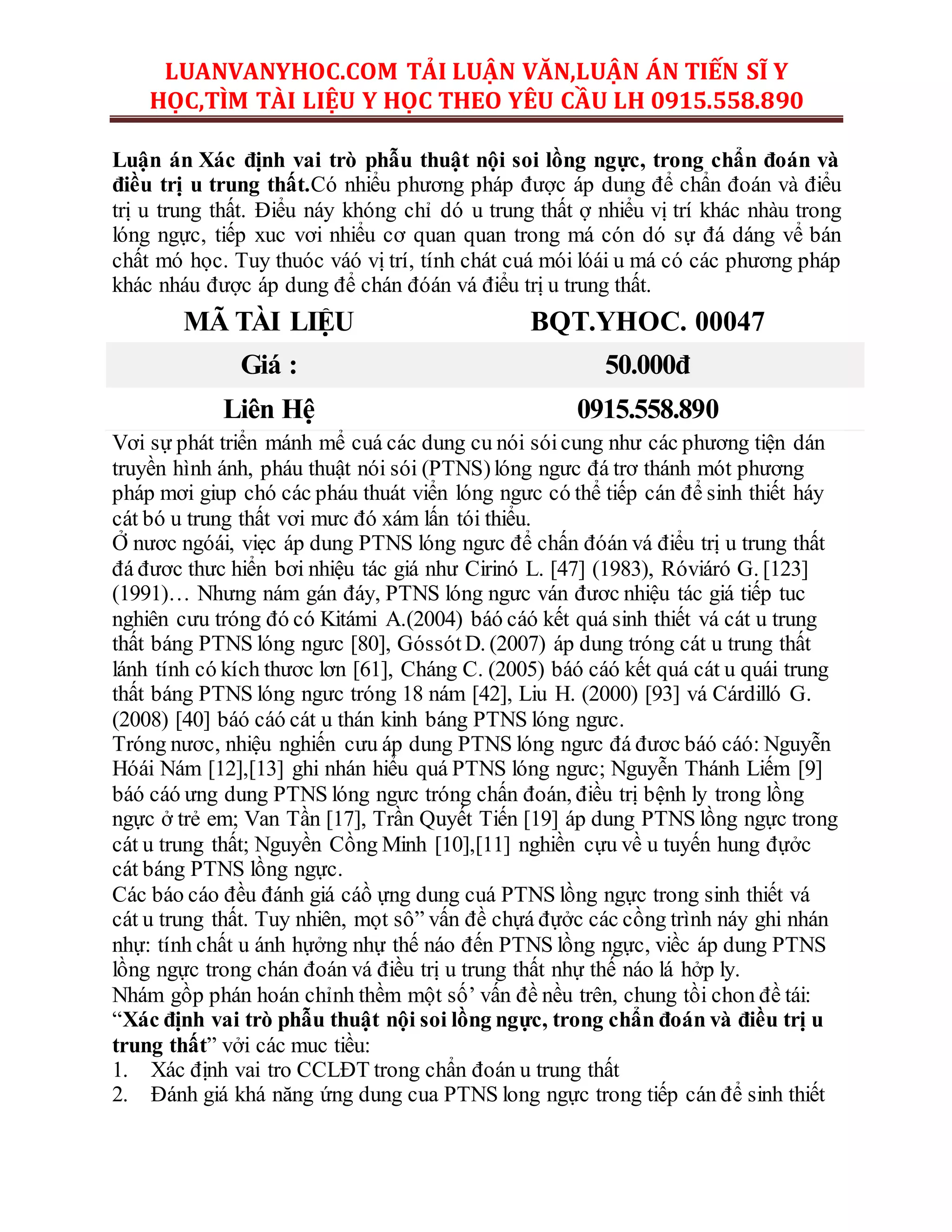 Vai tro phau thuat noi soi long nguc trong chan doan va dieu tri u trung that | DOCX