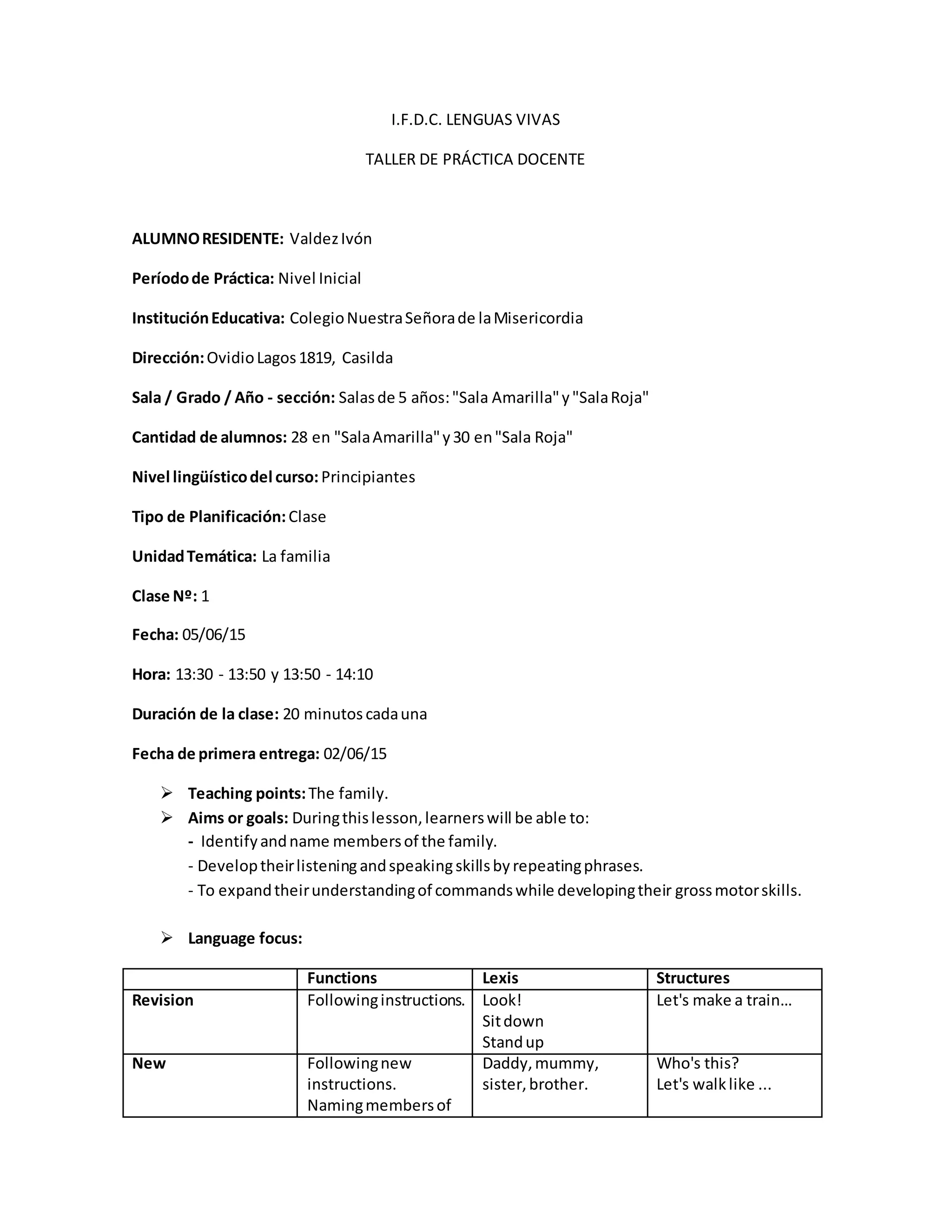 Lesson plan kindergarten I | DOCX