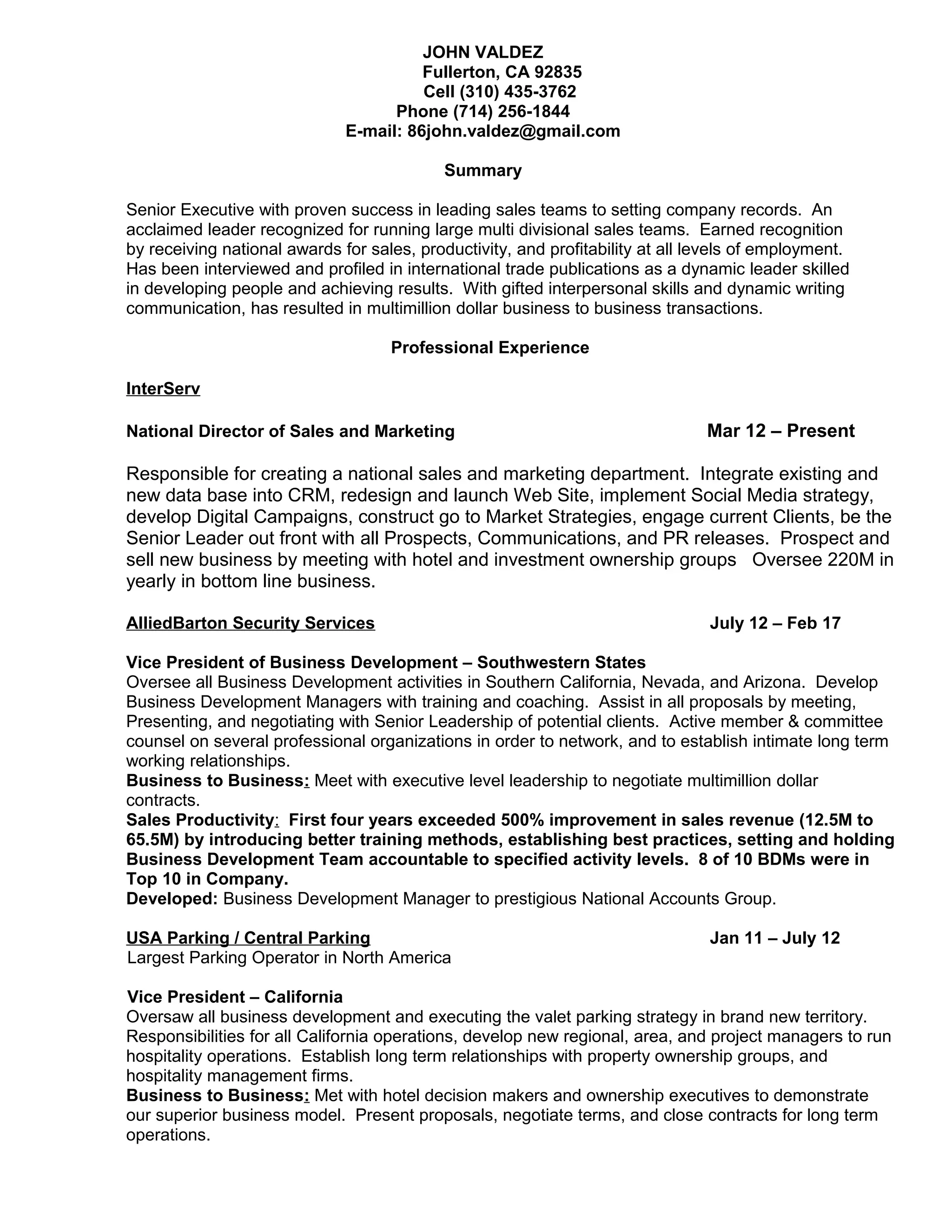 John Valdez executive resume april 7th | DOC