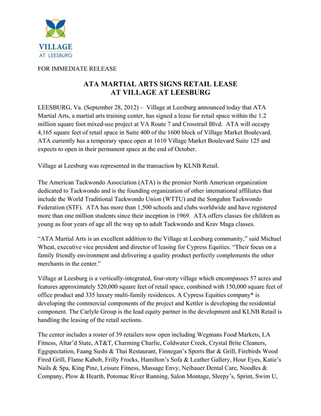 ATA Martial Arts Signs Retail Lease at Village at Leesburg | PDF