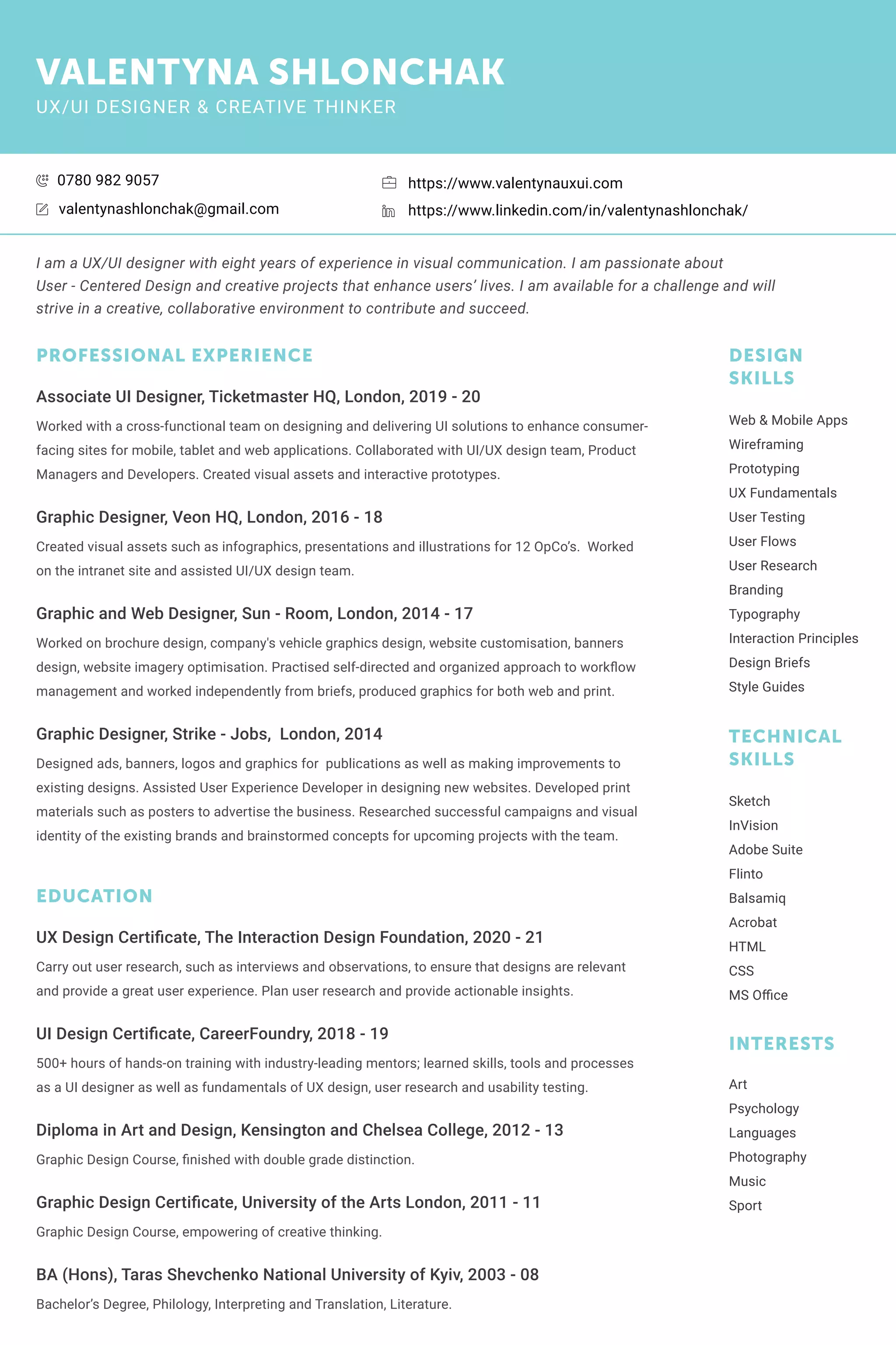 UX/UI - Product Designer - Interaction Designer Resume | PDF