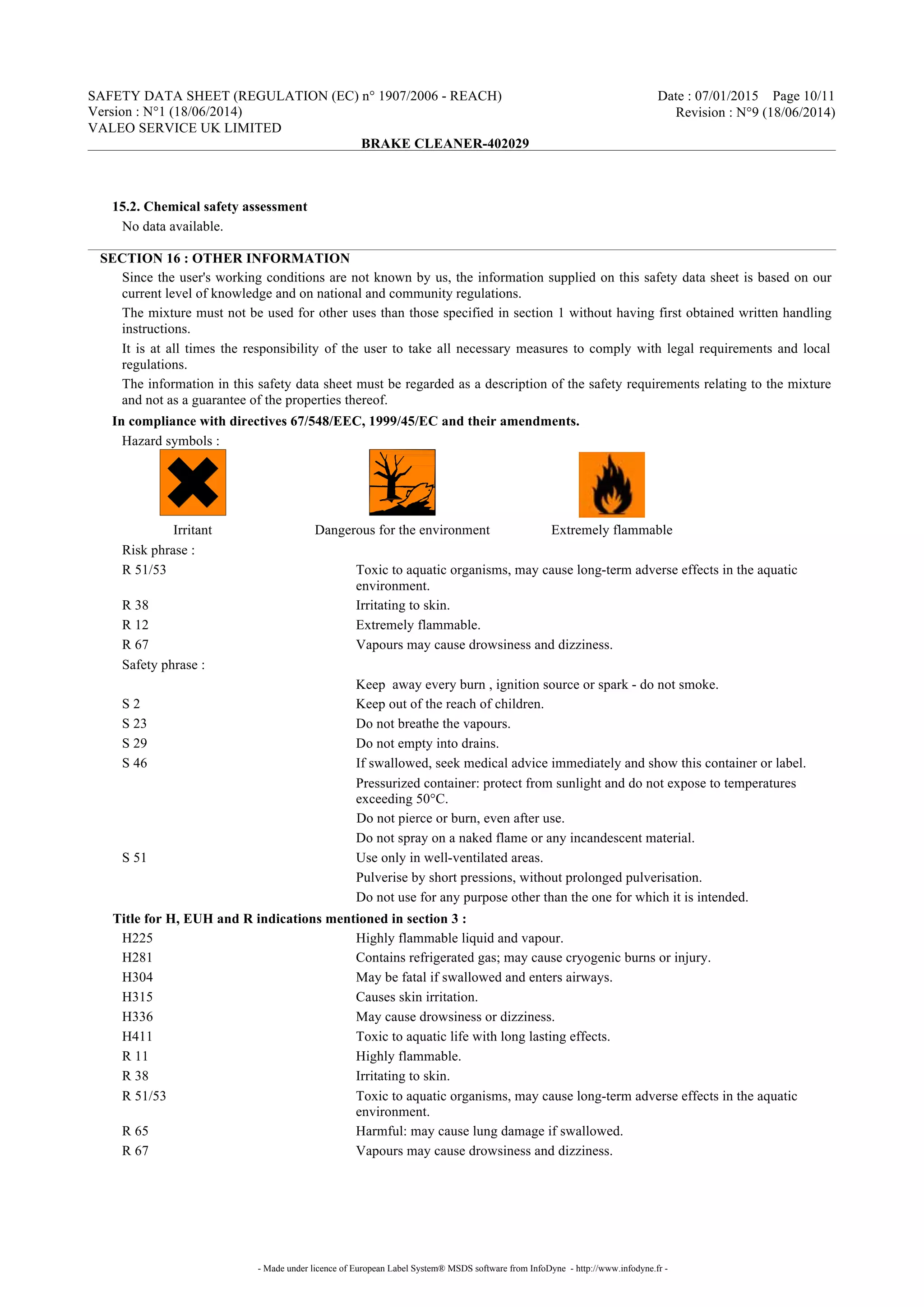 Valeo Braking Systems Brake Cleaner material safety data sheet 402029 | PDF