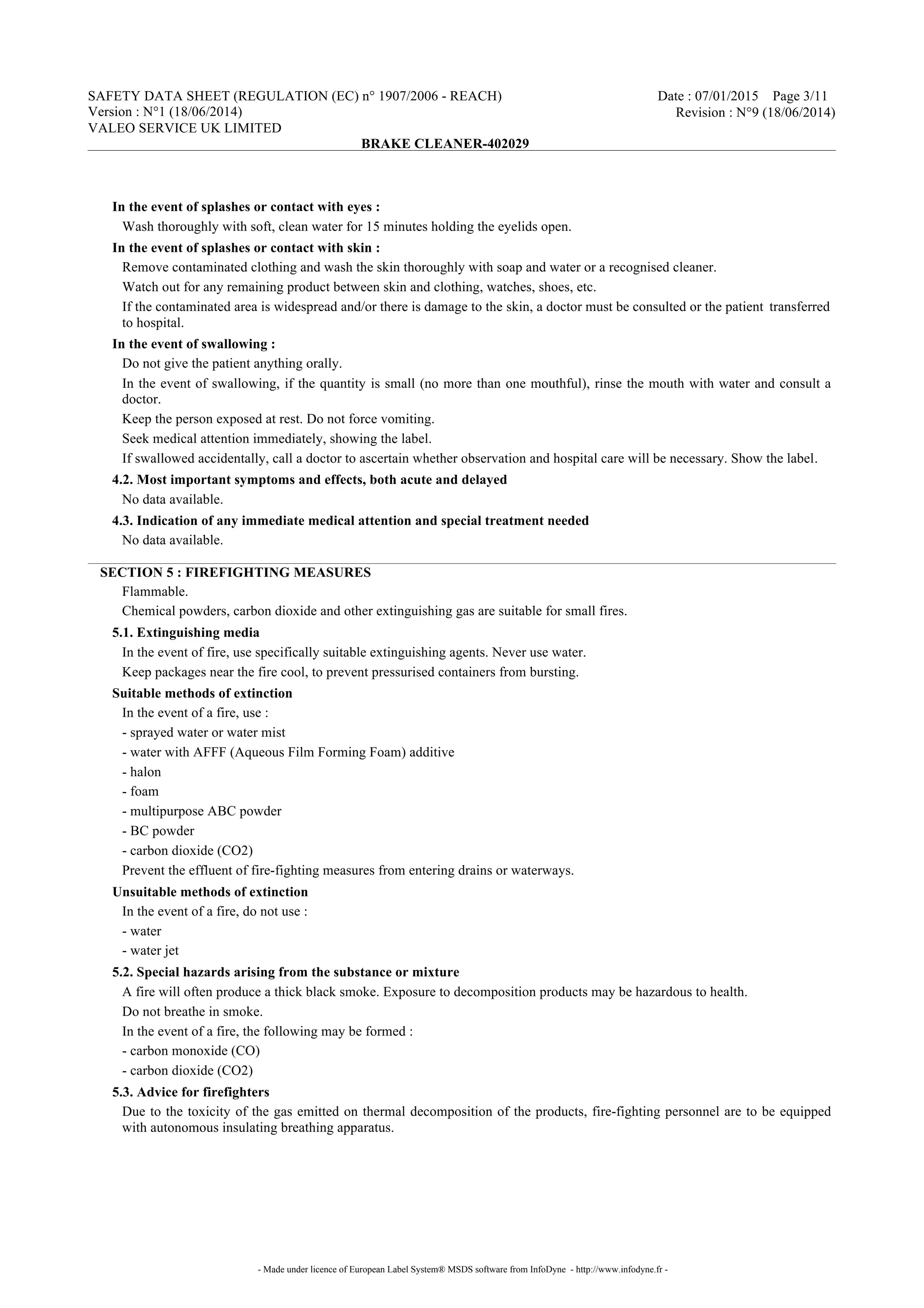 Valeo Braking Systems Brake Cleaner material safety data sheet 402029 | PDF