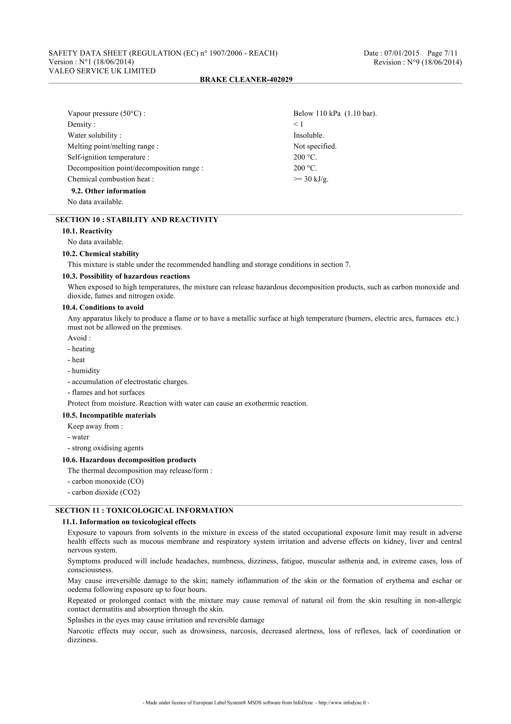 Valeo Braking Systems Brake Cleaner material safety data sheet 402029 | PDF