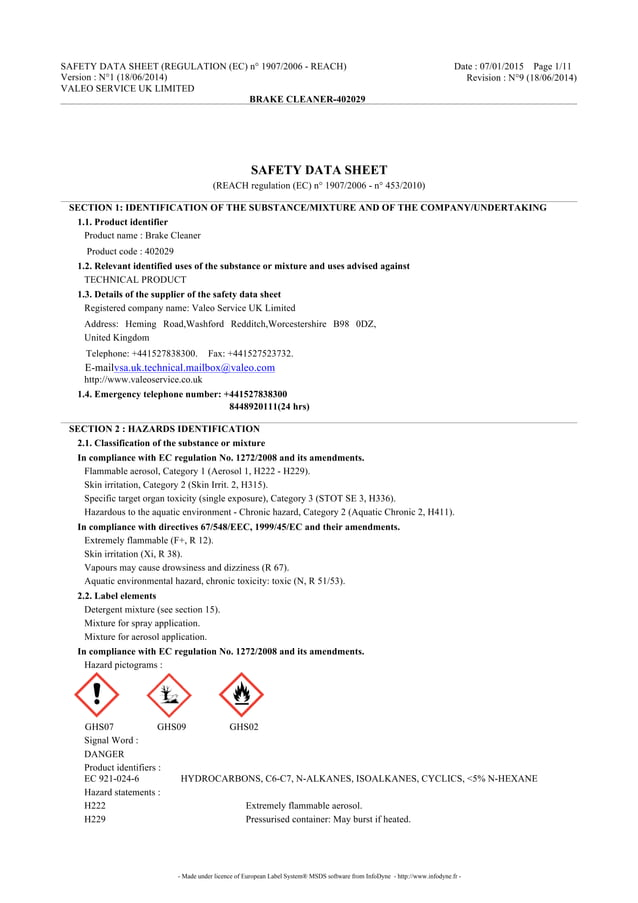 Brake Cleaner SDS Guide | PDF