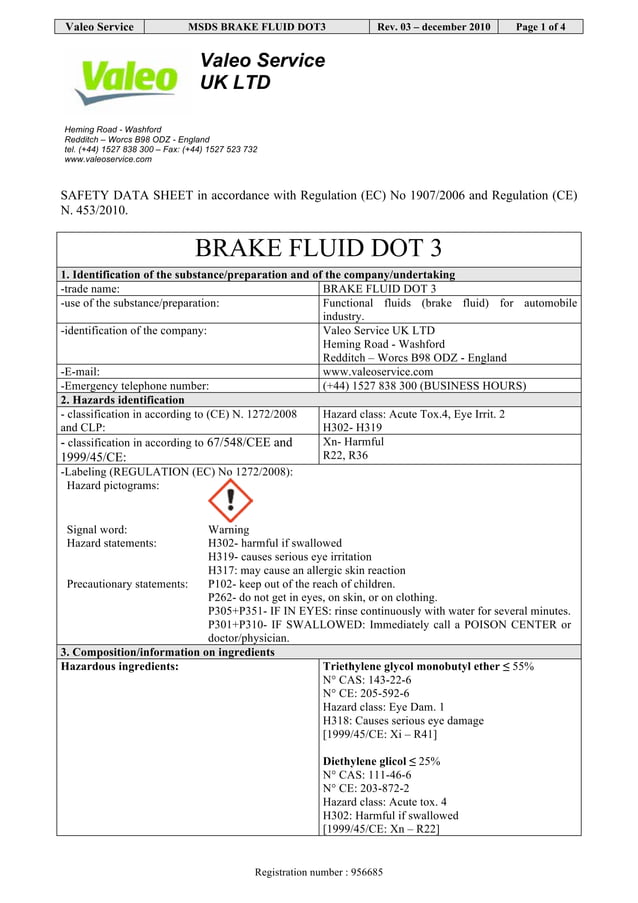 Valeo Braking Systems Brake Fluid DOT3 material safety data sheet ...