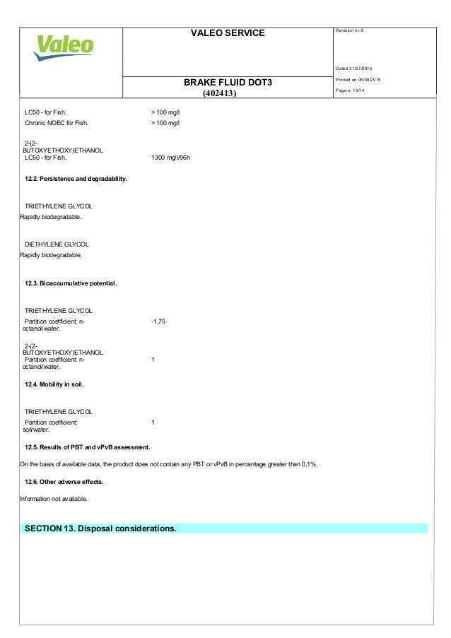 Valeo Braking Systems Brake Fluid DOT3 material safety data sheet ...