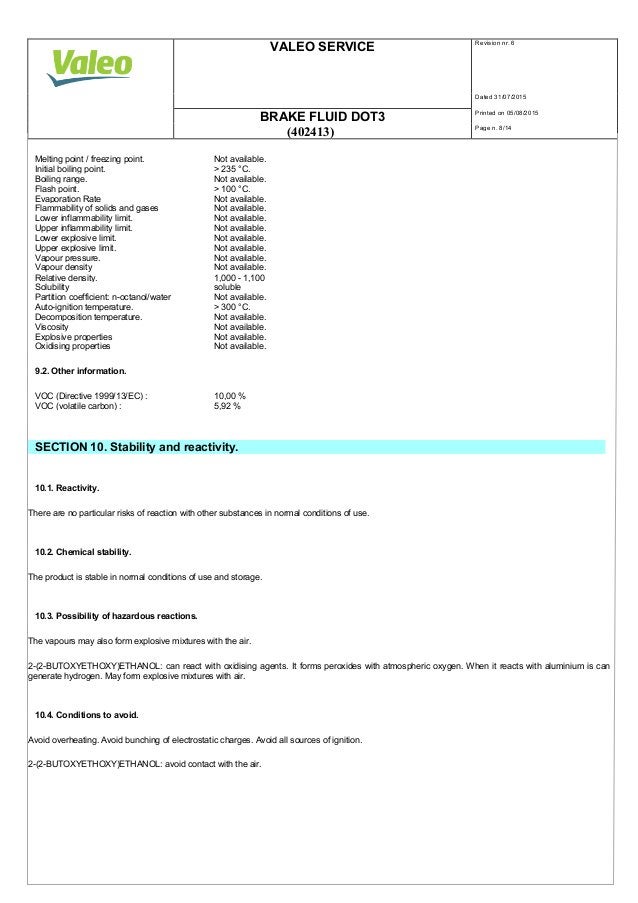 Valeo Braking Systems Brake Fluid DOT3 material safety data sheet 402413 | PDF