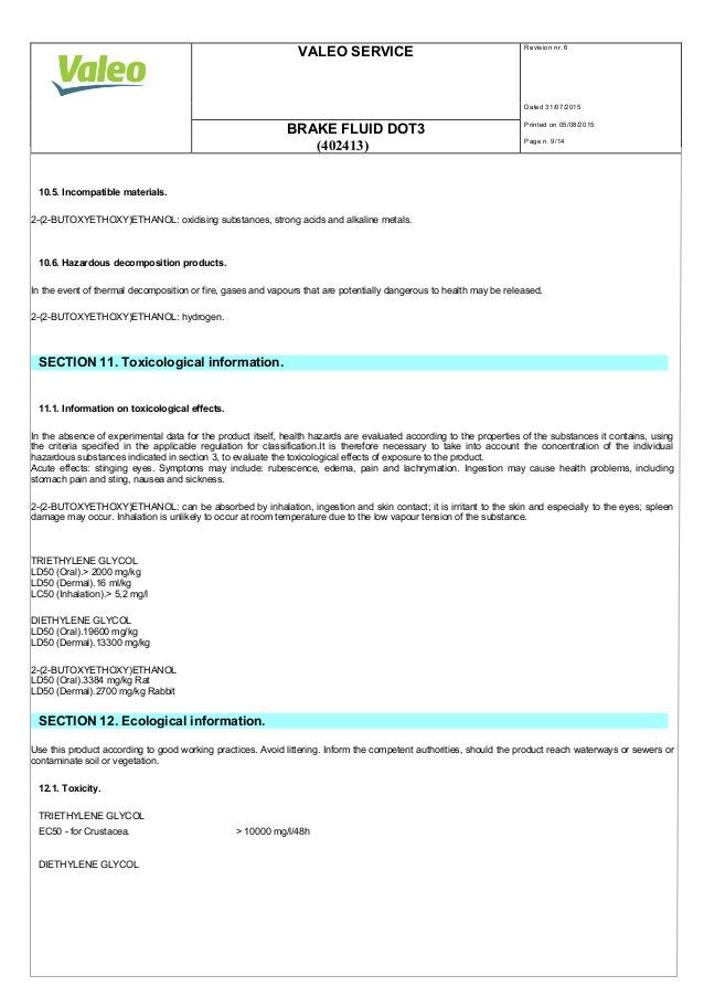Valeo Braking Systems Brake Fluid DOT3 material safety data sheet ...