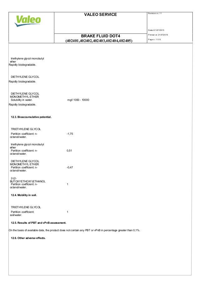 Valeo Braking Systems Brake Fluid DOT 4 material safety data sheet ...
