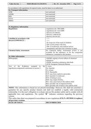 Valeo Braking Systems Brake Fluid DOT 4 material safety data sheet ...