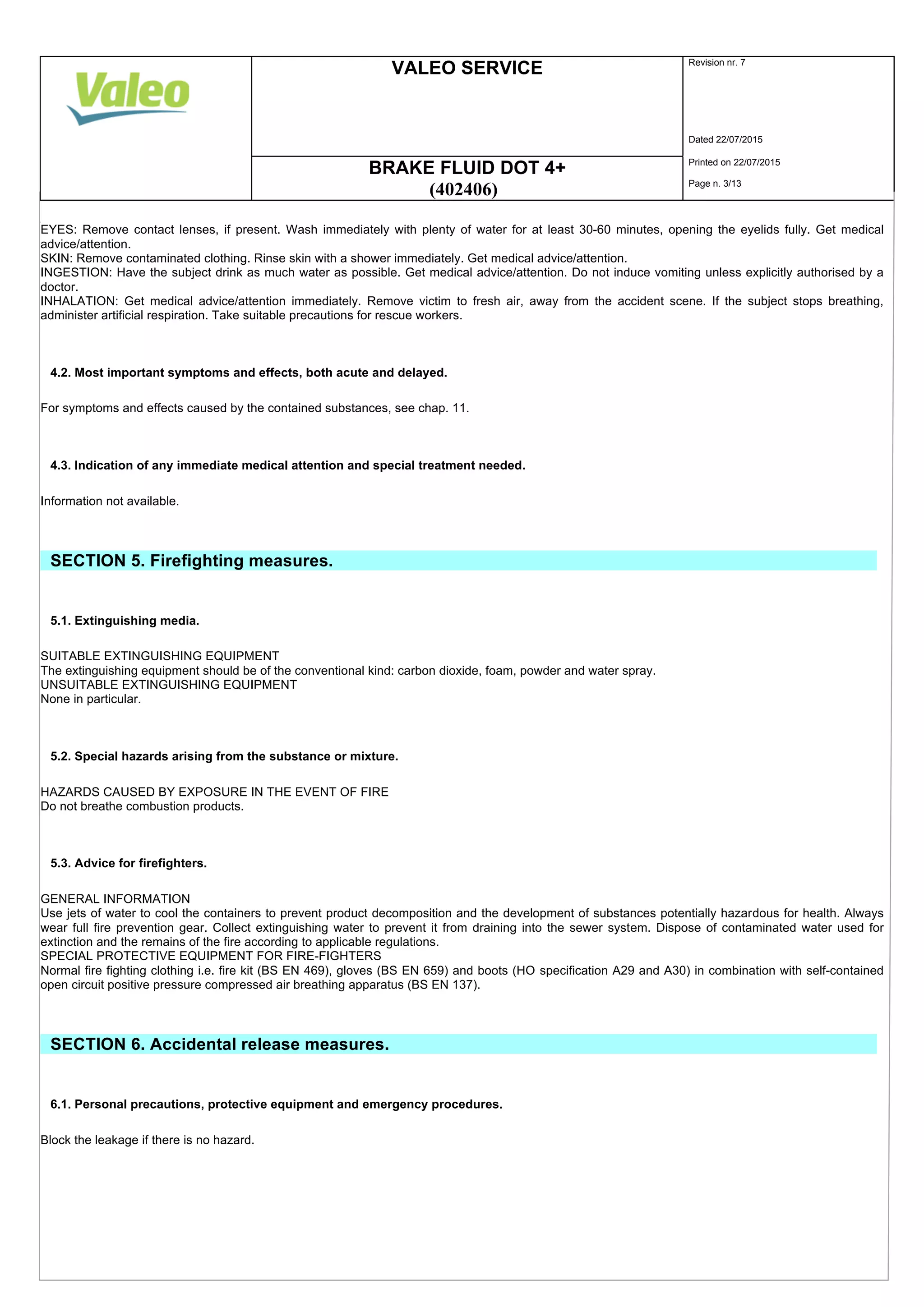 Valeo Braking Systems Brake Fluid DOT 4+ material safety data sheet ...