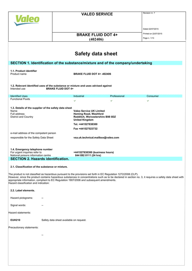 Valeo Braking Systems Brake Fluid DOT 4+ material safety data sheet ...